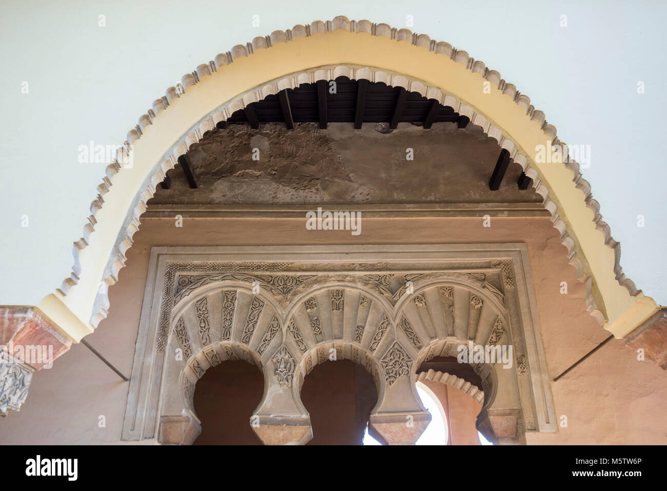 Historic monument, La Alcazaba,palatial fortification. Multifoil arch ...