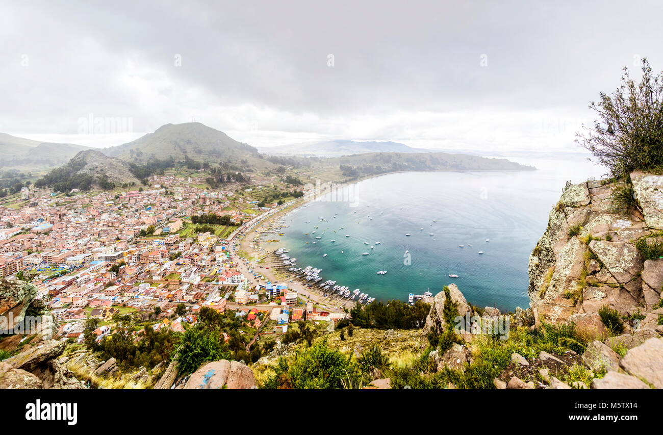 Aerial view at town Copacabana on Titicaca lake in Bolivia Stock Photo ...