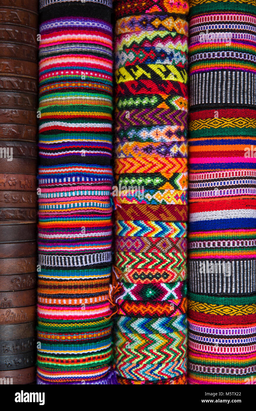 Colorful traditional Bolivian fabrics on the market in Copacabana ...