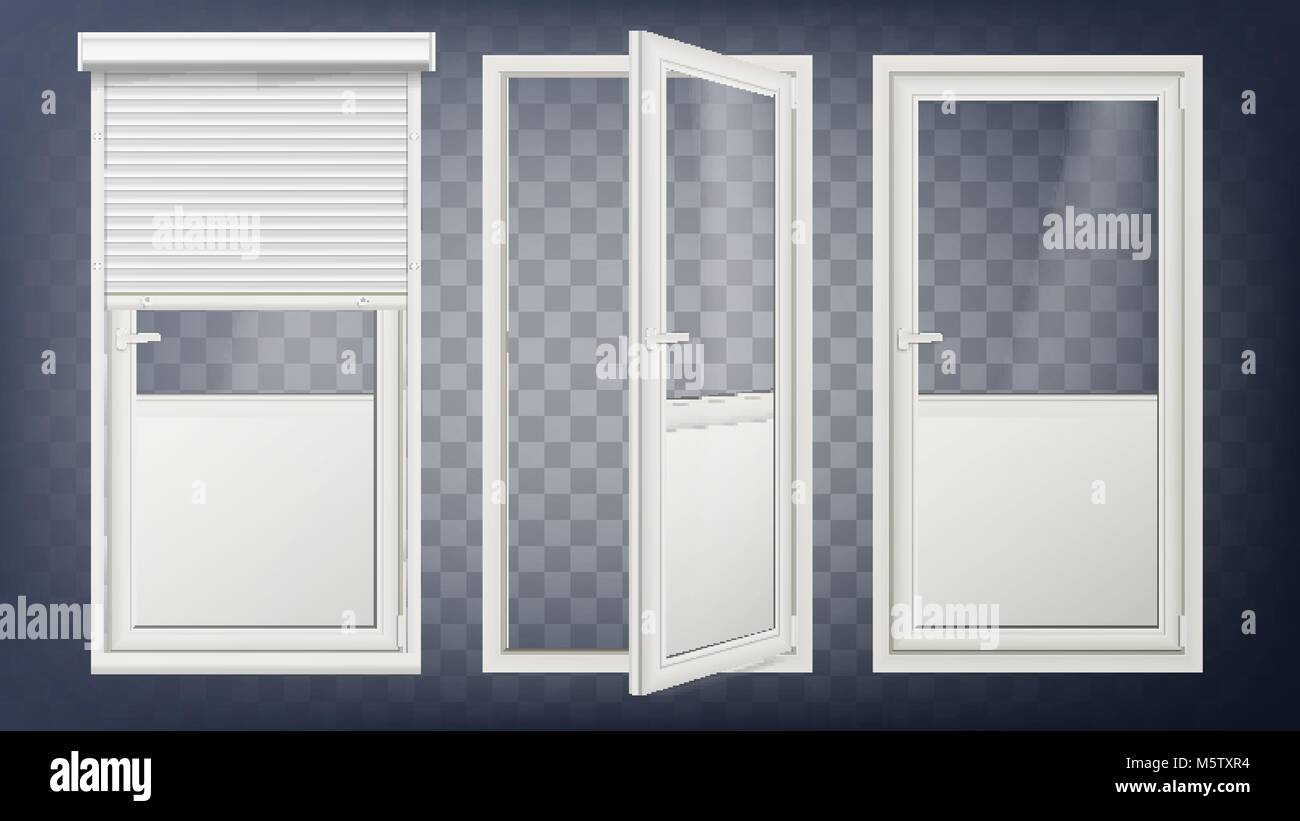 Plastic Glass Door Vector. White Roller Shutter. Opened And Closed ...