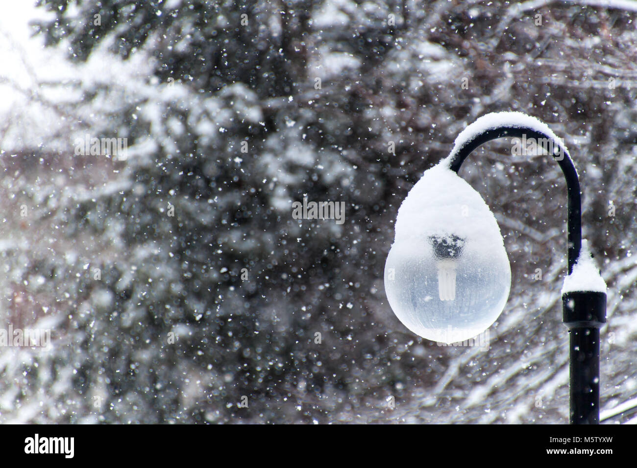 Snowy street lamp in snow blizzard. Modern ecological lighting. Winter ...