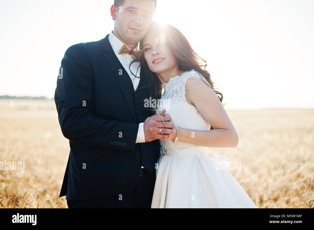 Loving wedding couple at field of wheat Stock Photo - Alamy