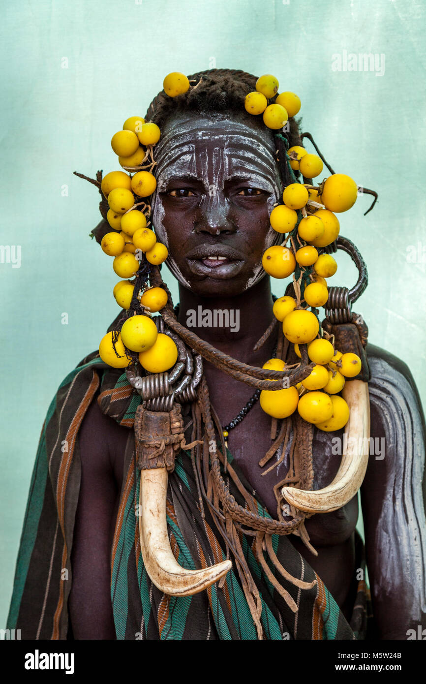 A Portrait Of A Young Woman From The Mursi Tribe, Mursi Village, Omo ...