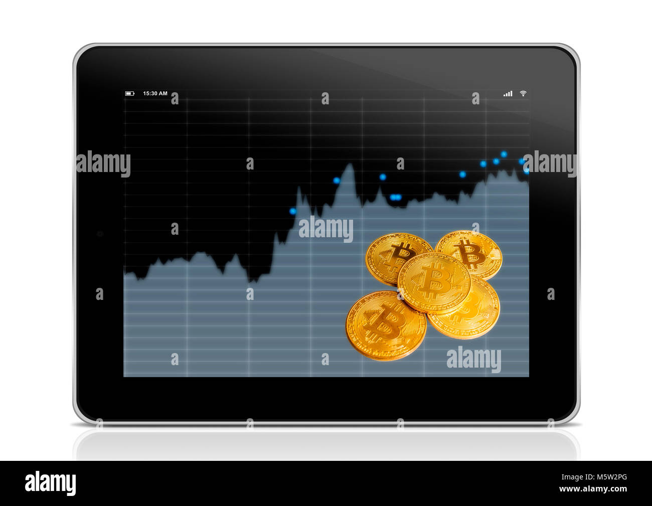 gold bitcoin and a tablet with charts of crypto currency Stock Photo ...