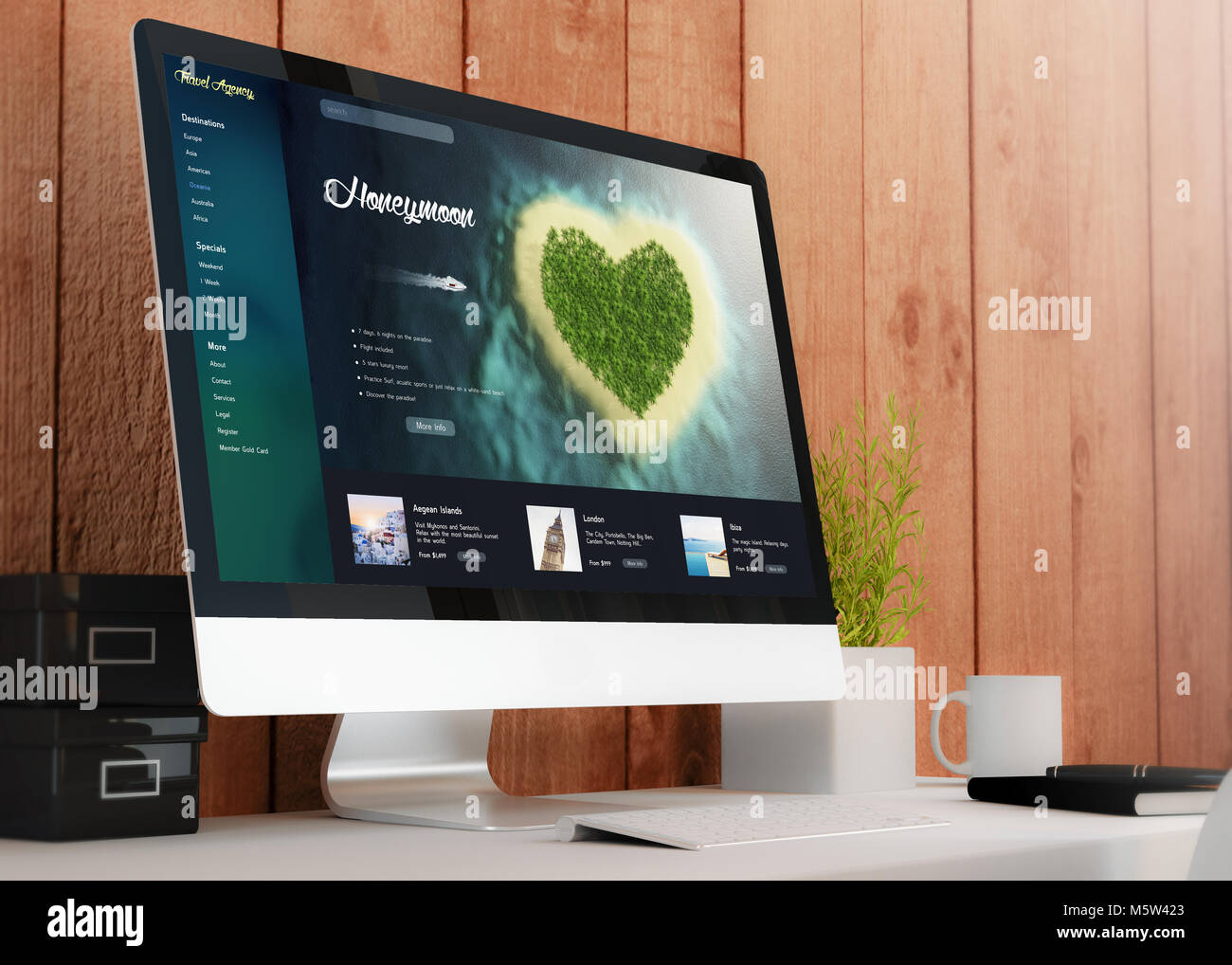 modern wooden workspace with computer romantic travel design. All ...