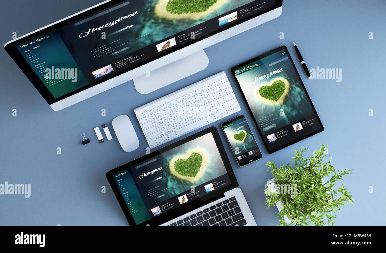 blue devices top view travel honeymoon website 3d rendering Stock Photo ...