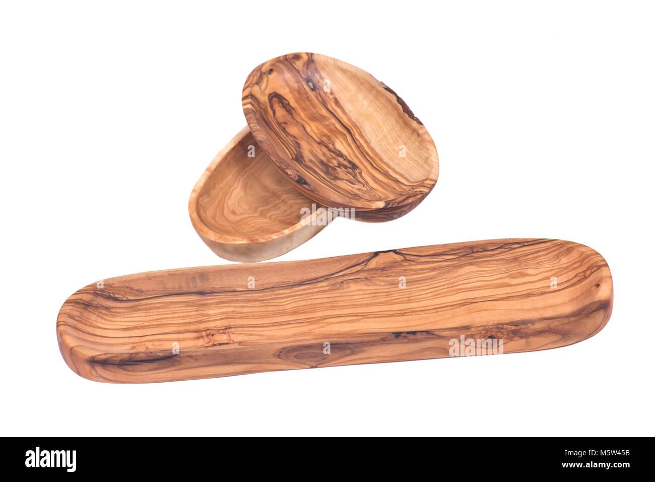 Long olive wood plate and bowl isolated on white background Stock Photo ...
