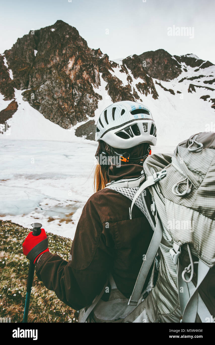 Backpacker in mountains hiking in snowy mountains Travel Lifestyle ...