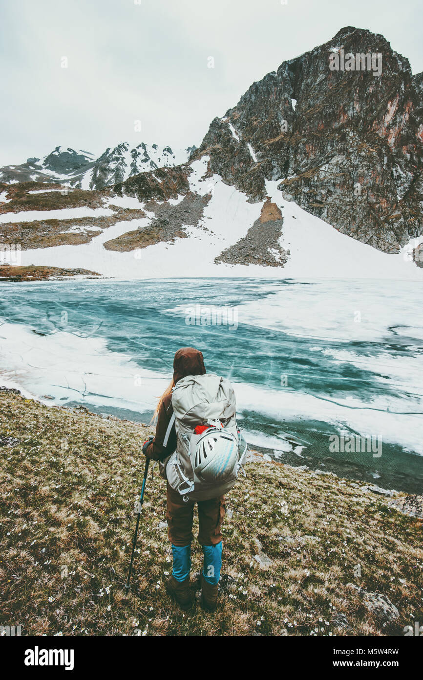 Backpacker in mountains hiking in mountains Travel Lifestyle survival ...