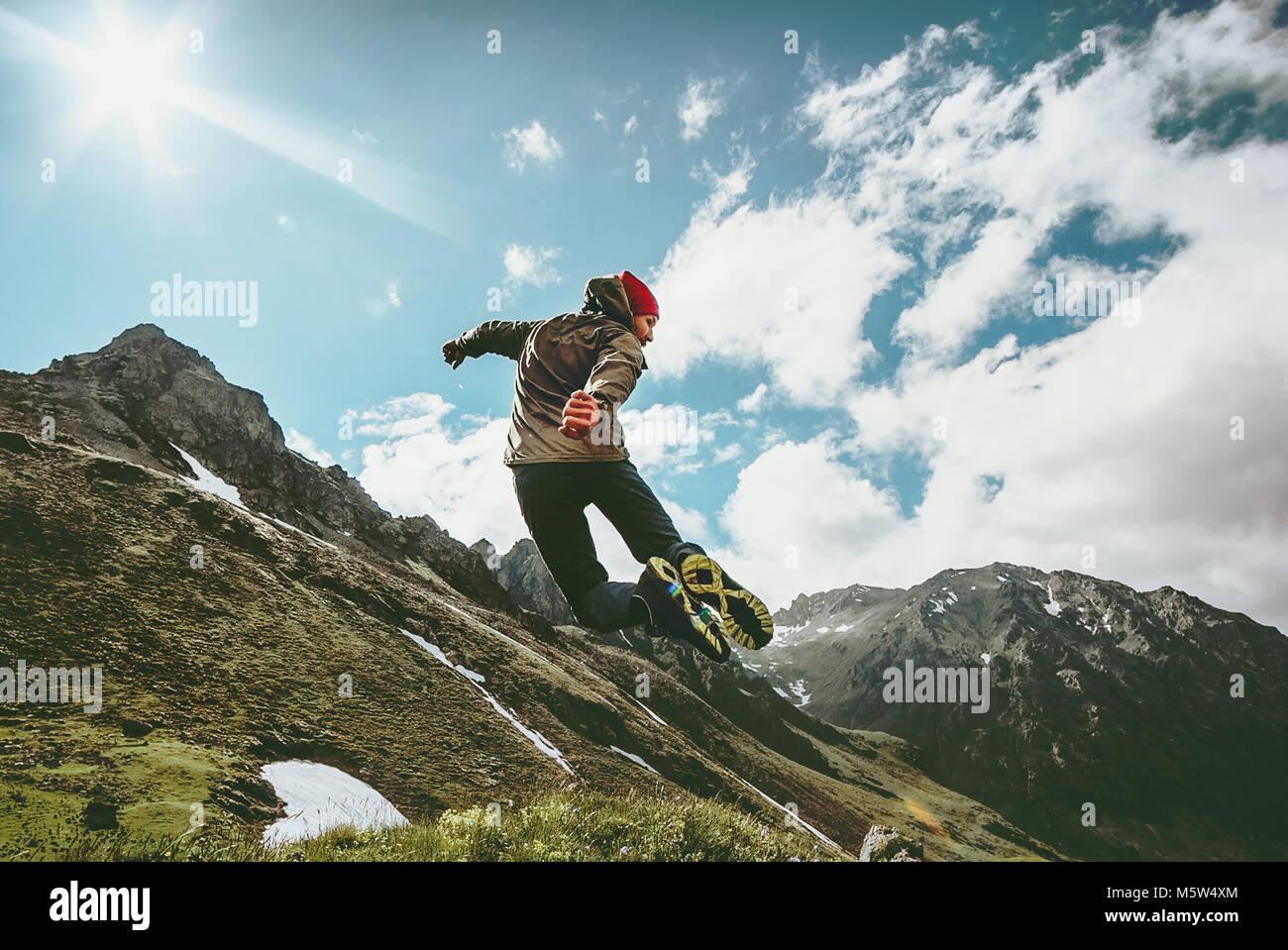 Happy Man jumping in mountains landscape Lifestyle Travel emotions ...