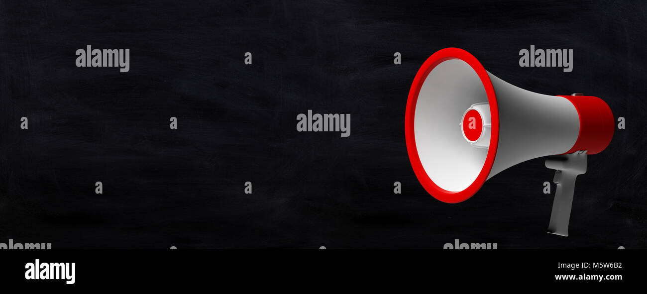 Megaphone, bullhorn white with red details on blackboard for public ...