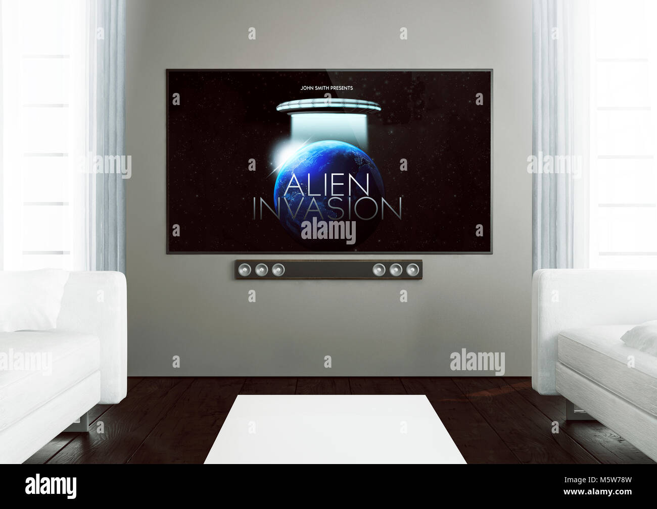 3d rendering of television with movie on screen on a wooden living room ...