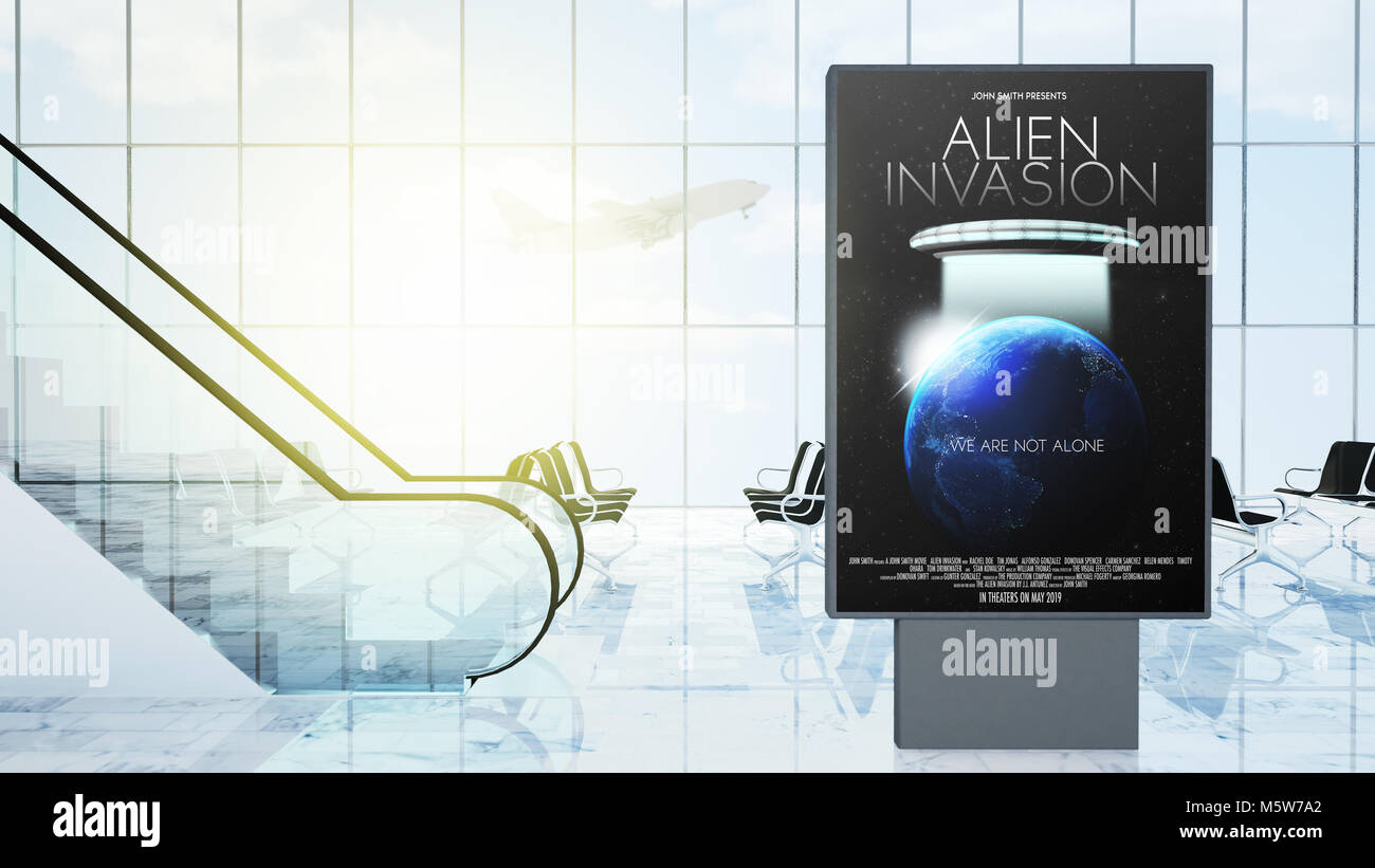 movie advertising on airport lobby 3d rendering Stock Photo - Alamy