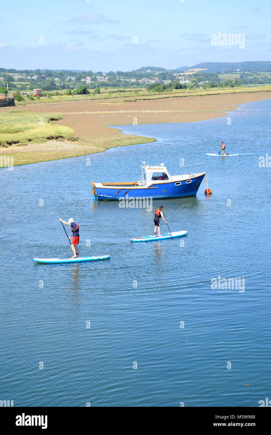 Group of people enjoy stand up paddle boarding on the river Axe near ...