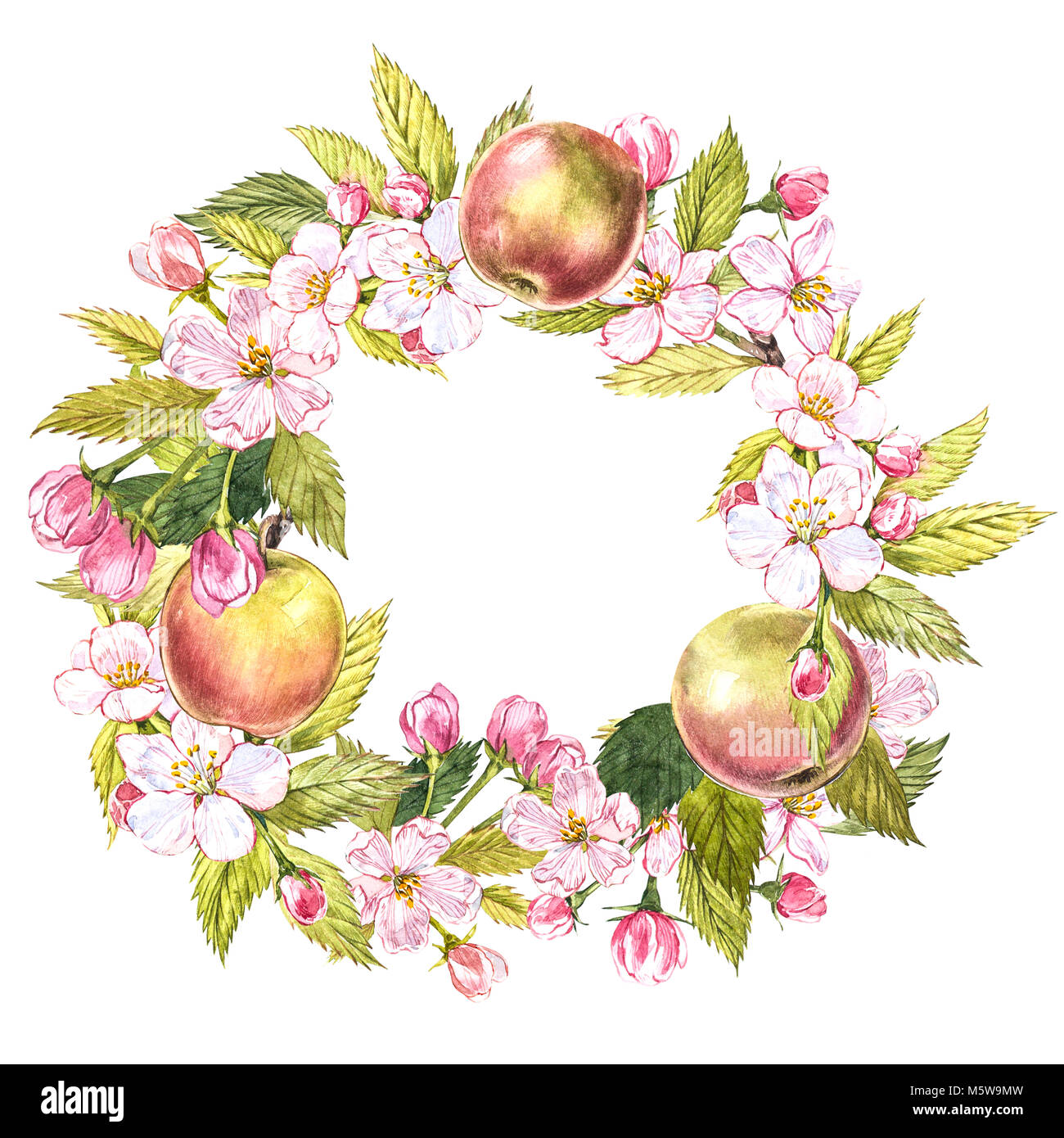 Hand-drawn watercolor wreath of flowers of apples and leaves ...