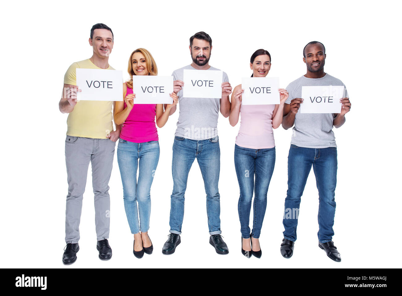 Happy men and women asking to vote Stock Photo - Alamy