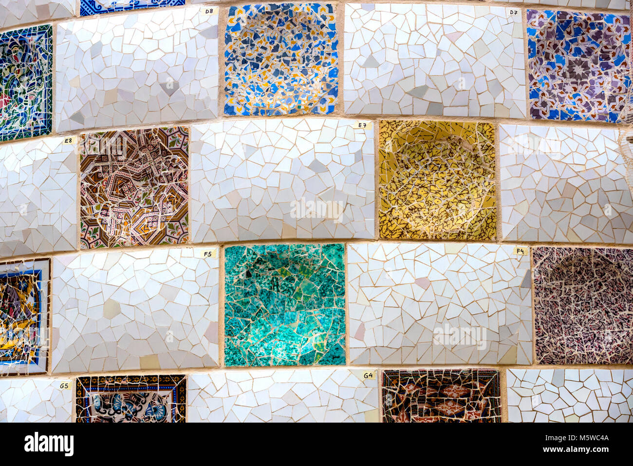 BARCELONA, SPAIN - 13 JANUARY 2018: Elements of mosaic fragments Gaudi ...