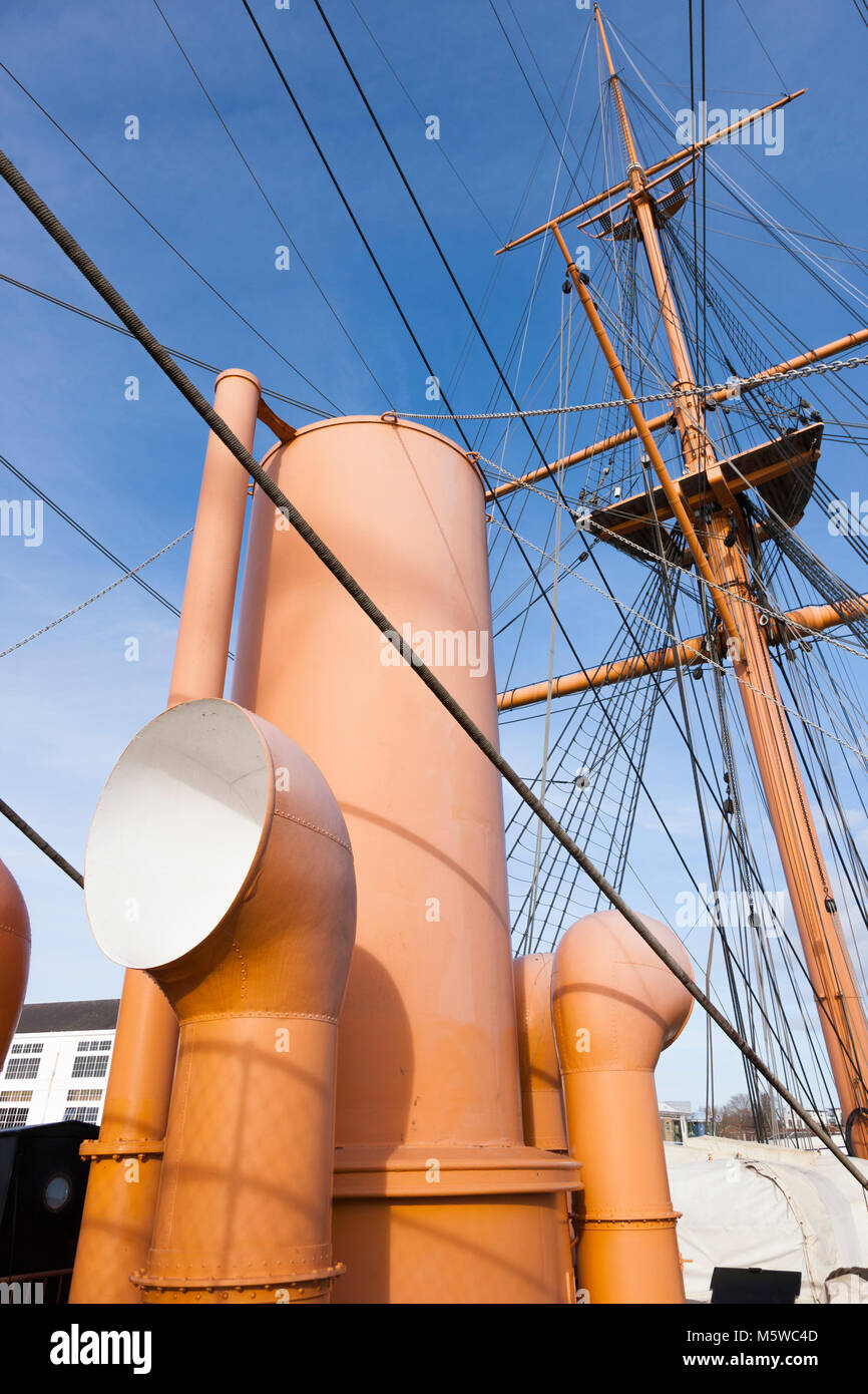 Steam funnel funnels, rigging & mast on upper deck of HMS Warrior ...