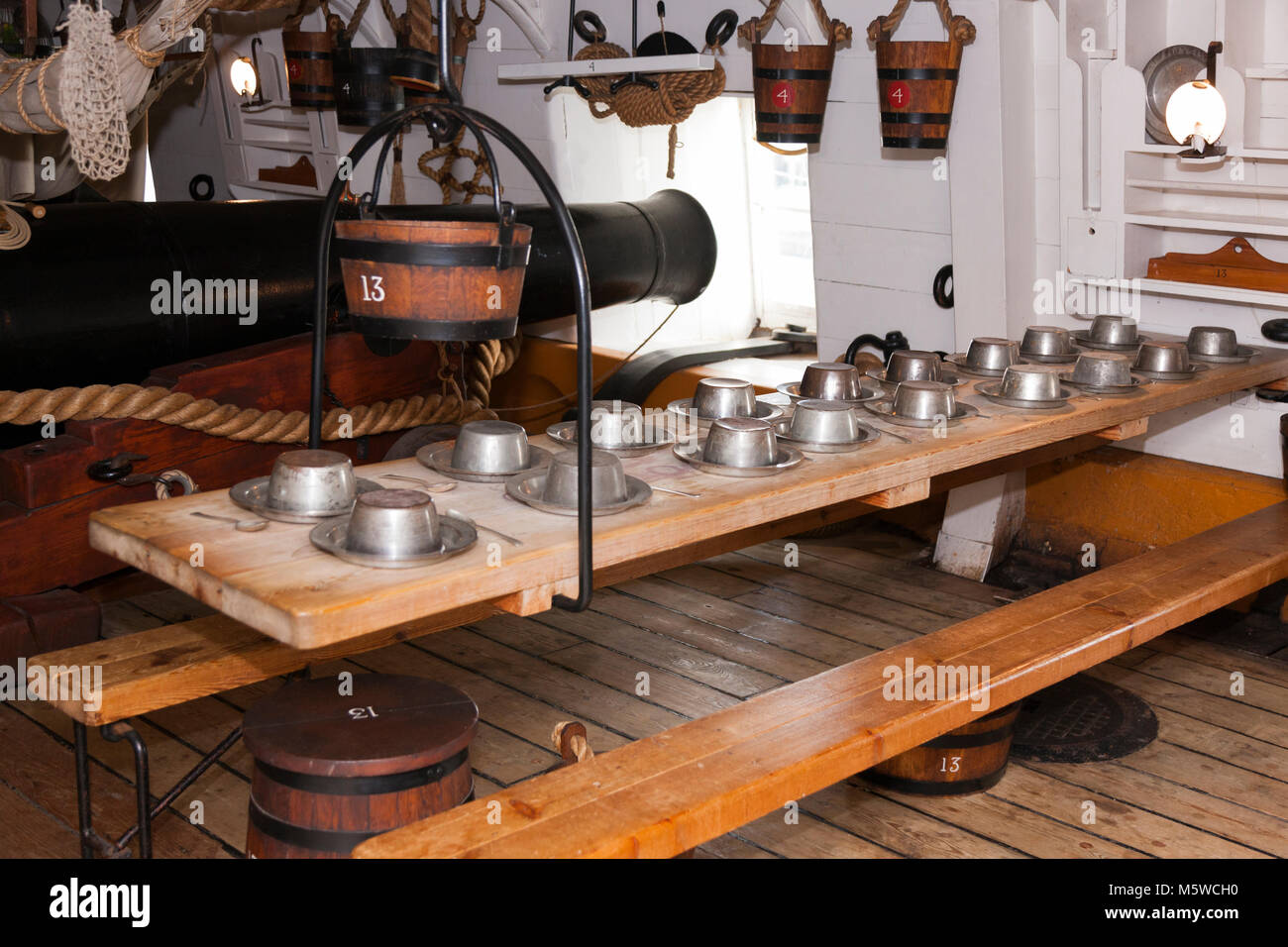A sailors laid mess table ( historical recreation ) between cannon ...