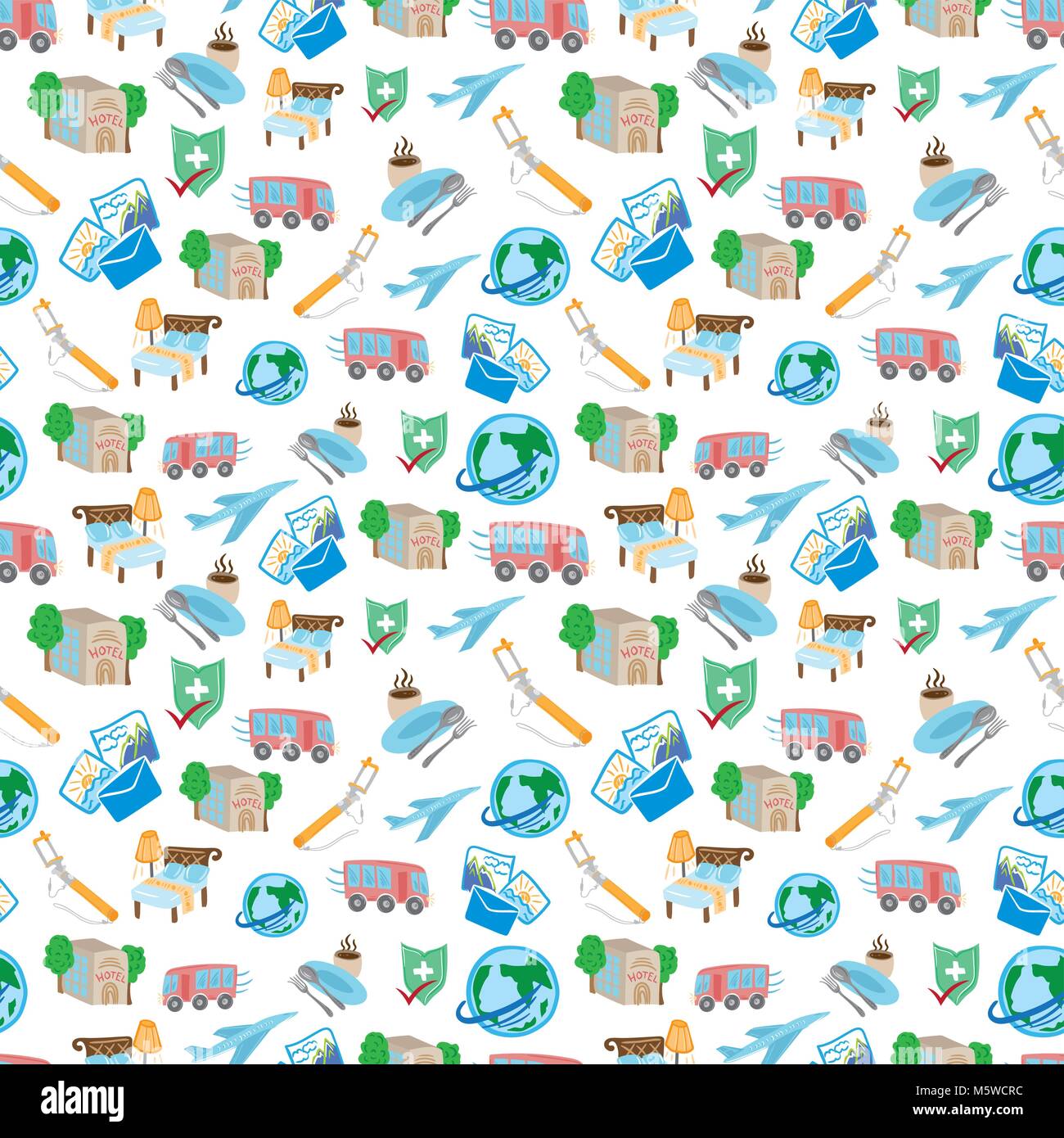 Touristic Seamless texture with transport, hotel, insurance and food ...