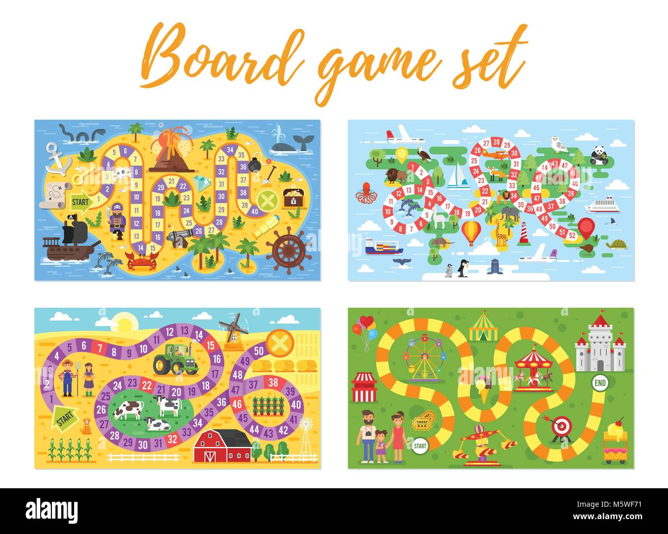 Vector flat style set of kids boardgame; pirate, travel, farm and ...
