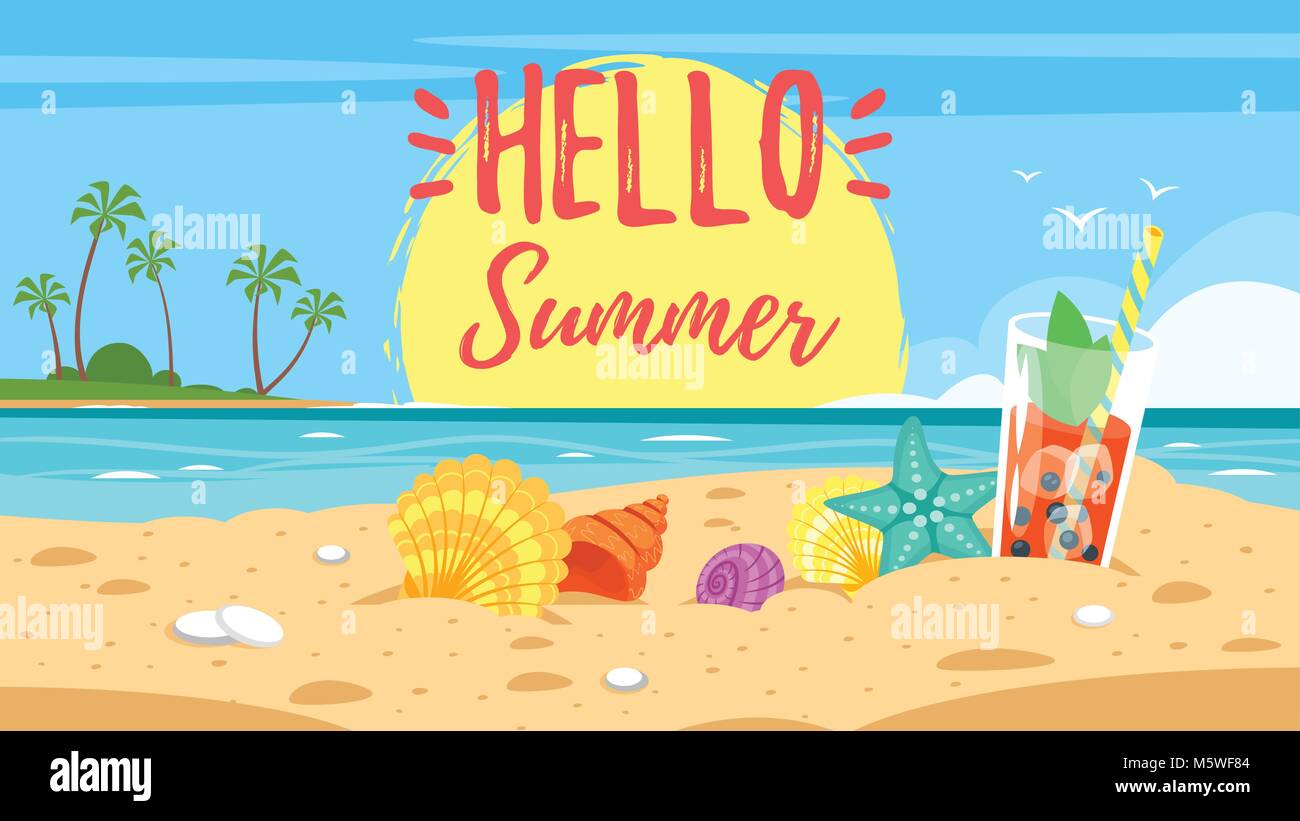 Vector cartoon style hello summer banner. Background of sea shore with ...