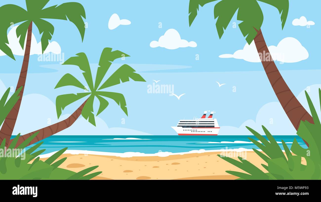 Vector cartoon style background of sea shore with palm trees and cruise ...