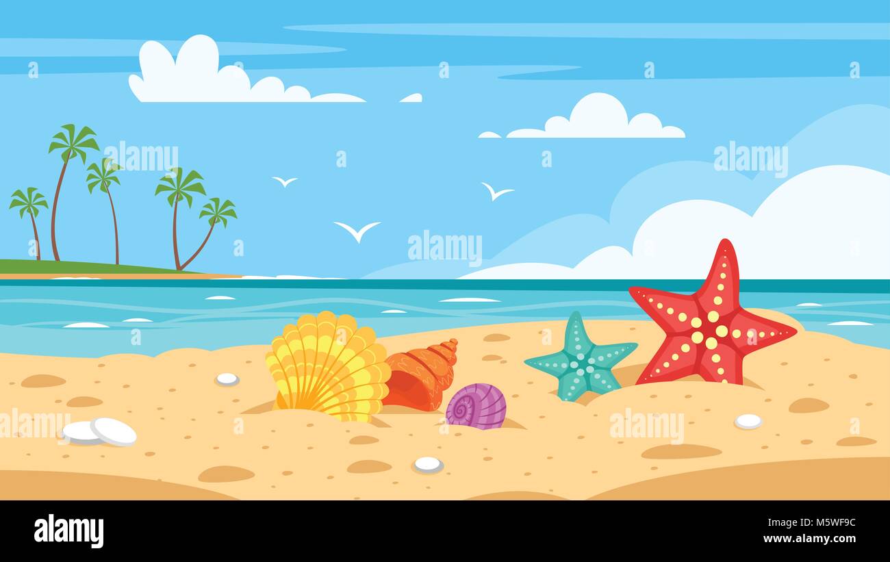 Vector cartoon style background of sea shore with colorful seashells ...