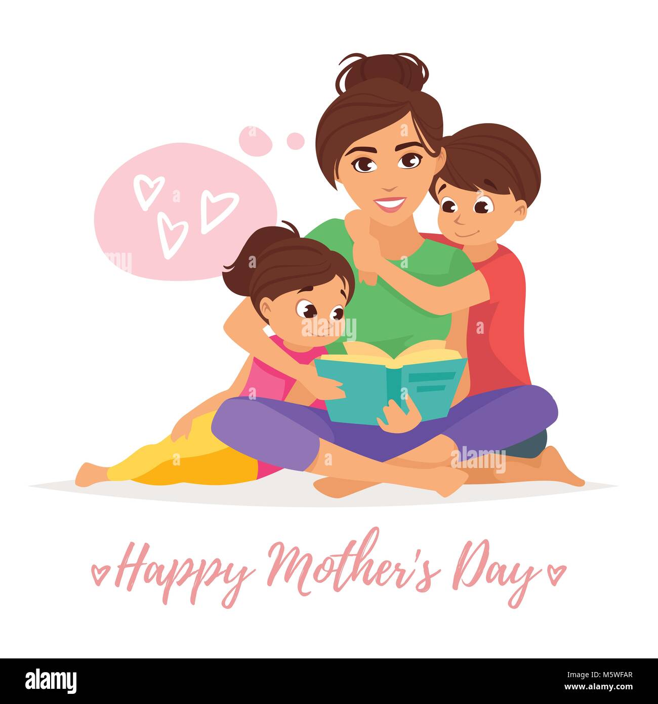 Vector cartoon style illustration of happy mother with son and daughter ...