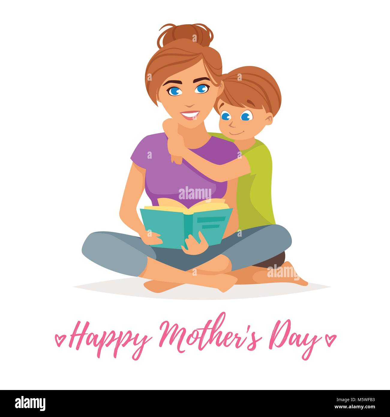 Vector cartoon style illustration of happy mother with son reading book ...