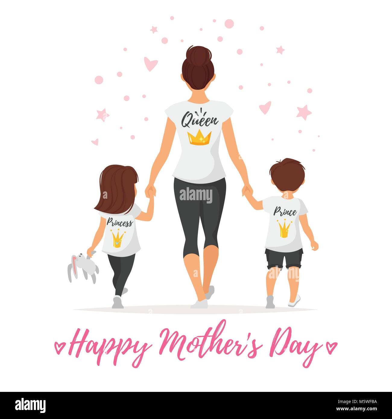 Vector cartoon style illustration of happy mother with children in t ...