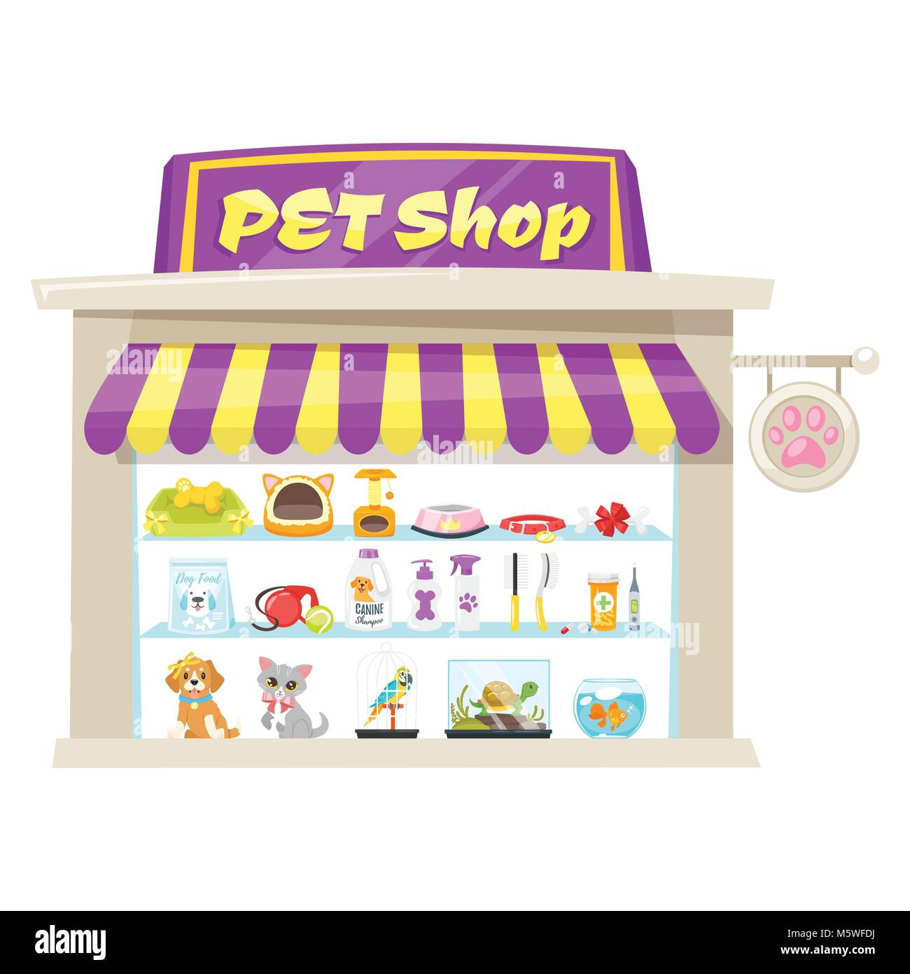 Vector cartoon style illustration of pet shop facade with bright banner ...