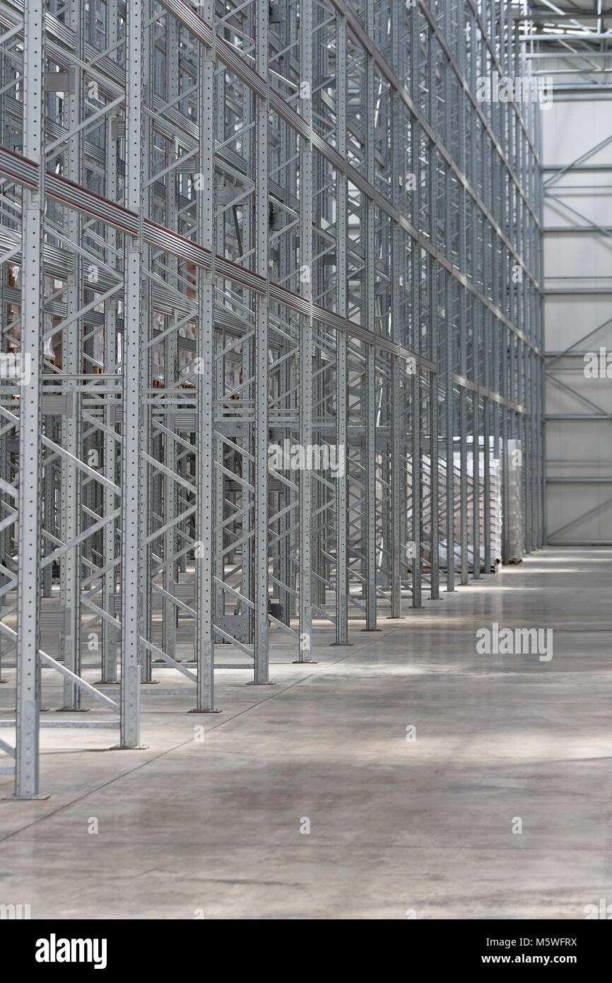 Row of Empty Shelves in New Distribution Warehouse Stock Photo - Alamy