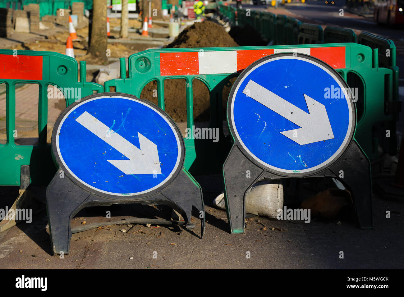 Road work signs at road works in Southwark. Featuring: View Where ...
