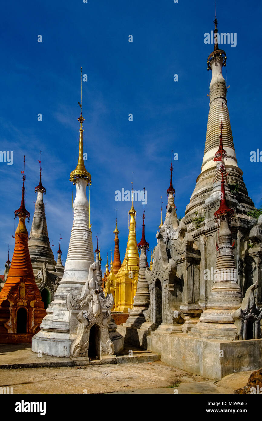 The partly restored monuments of Shwe Indein Pagoda are located on a ...