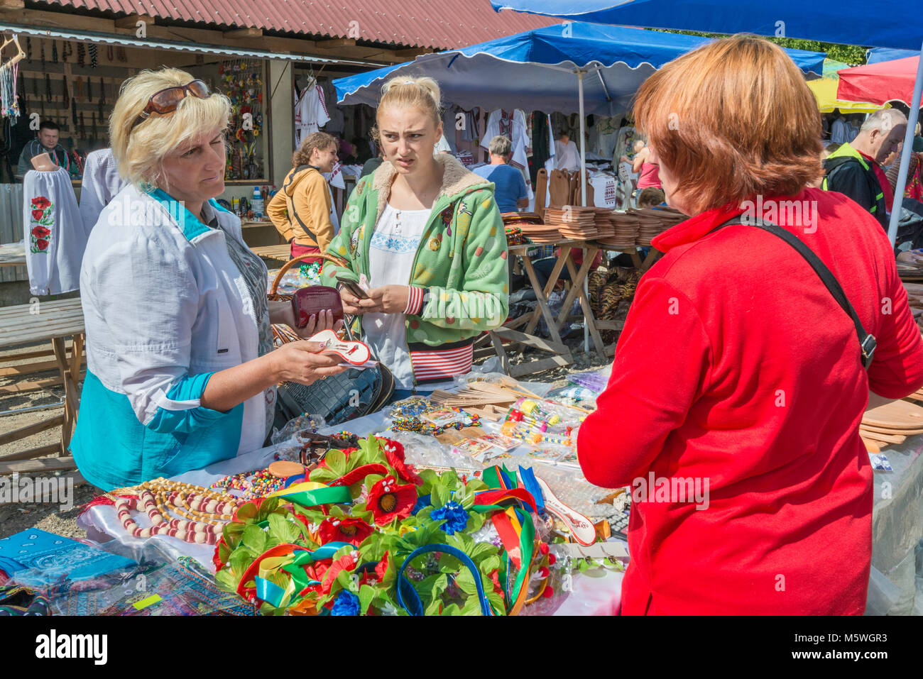 Traditional Ukrainian products displayed on market day in town of Kosiv ...