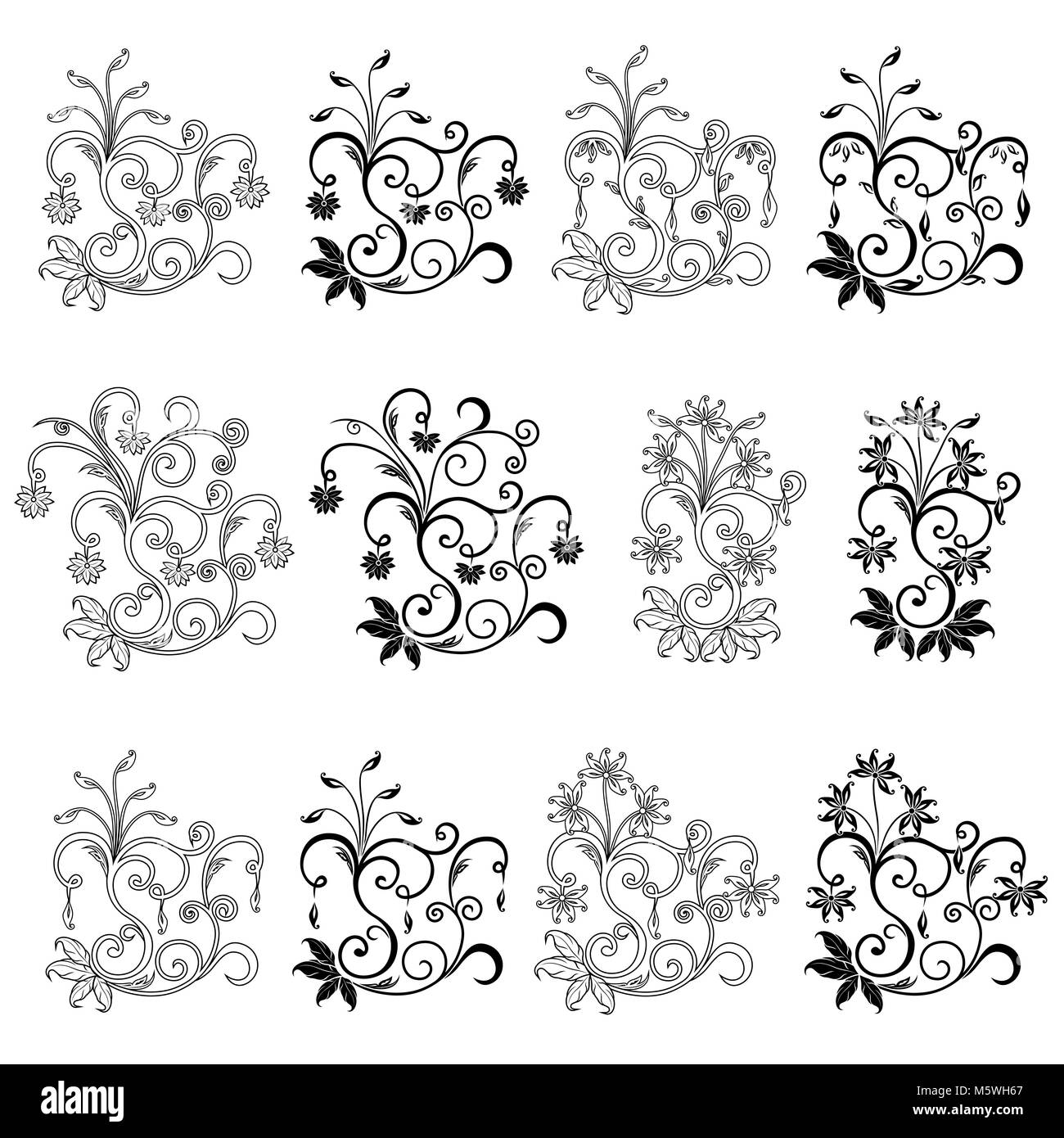 Set of twelve swirl floral design elements with leaves and flowers ...