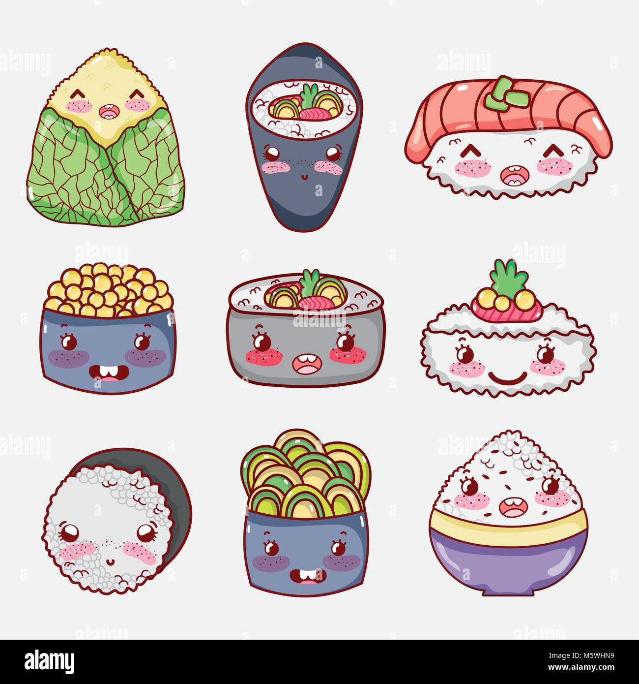 Collection of Asian food cute kawaii cartoon vector illustration ...