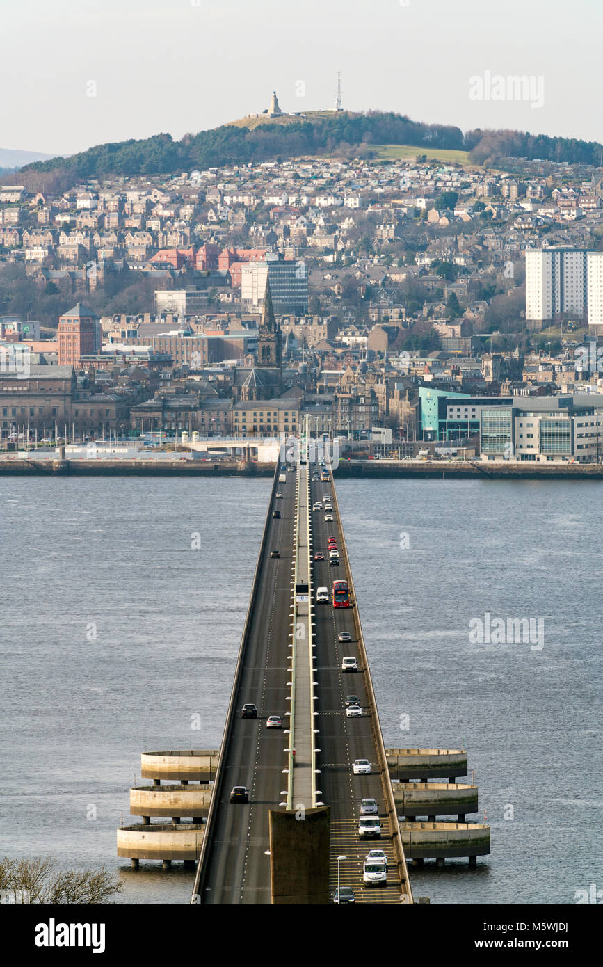 View over city of Dundee from the Tay Road Bridge in Tayside, Scotland ...
