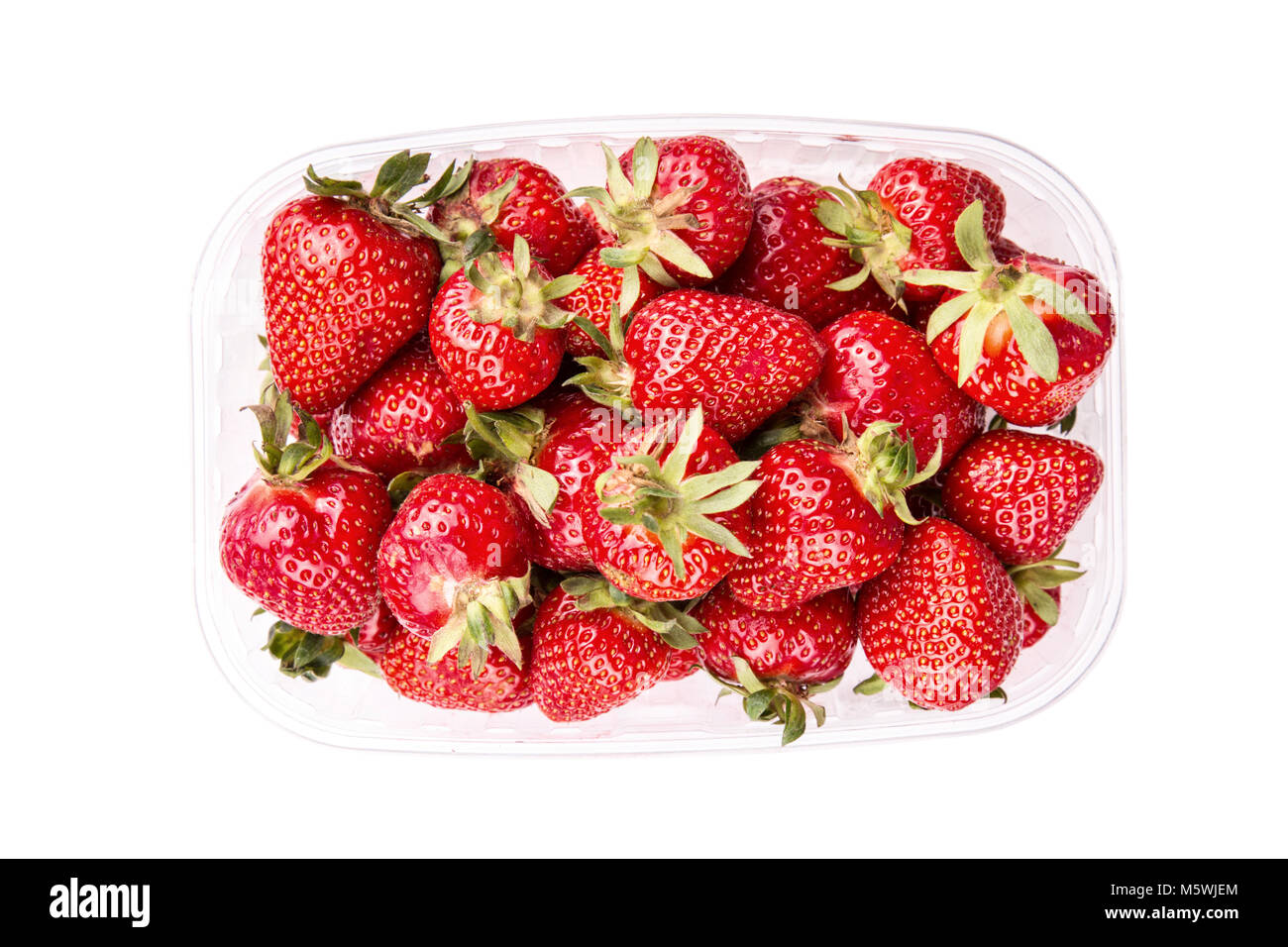 Strawberries in plastic box on a white background, isolated, top view ...