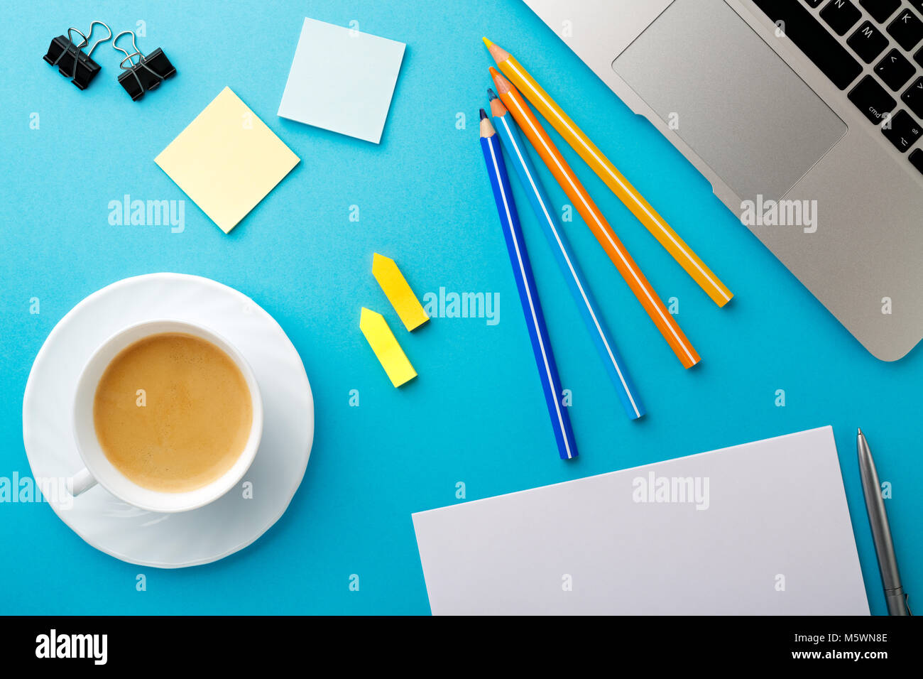 Start of Morning work office desk with a cup of coffee computer laptop ...