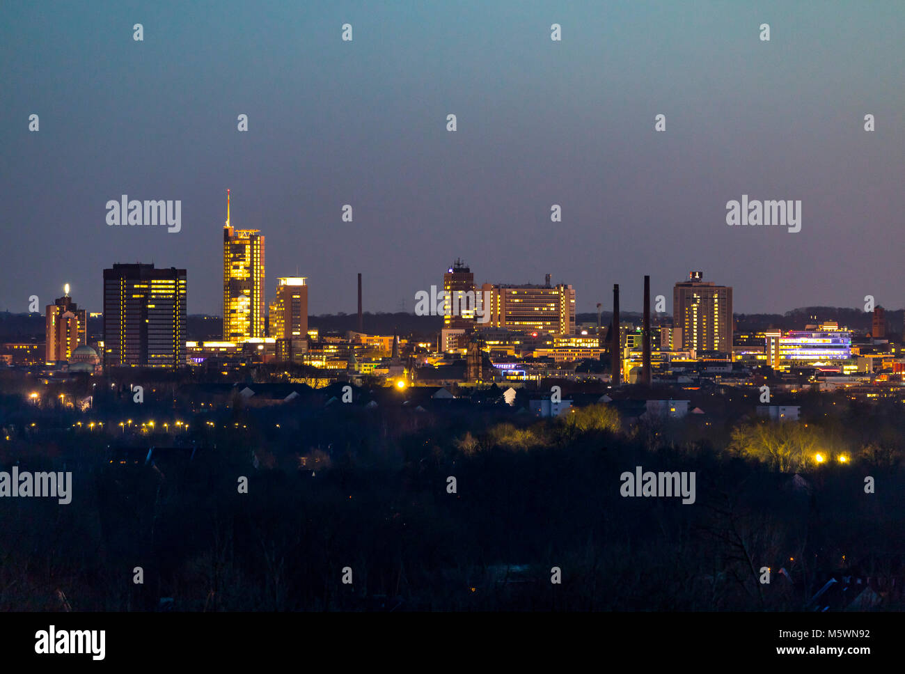 Skyline city of Essen, Germany, downtown, business district, town hall ...