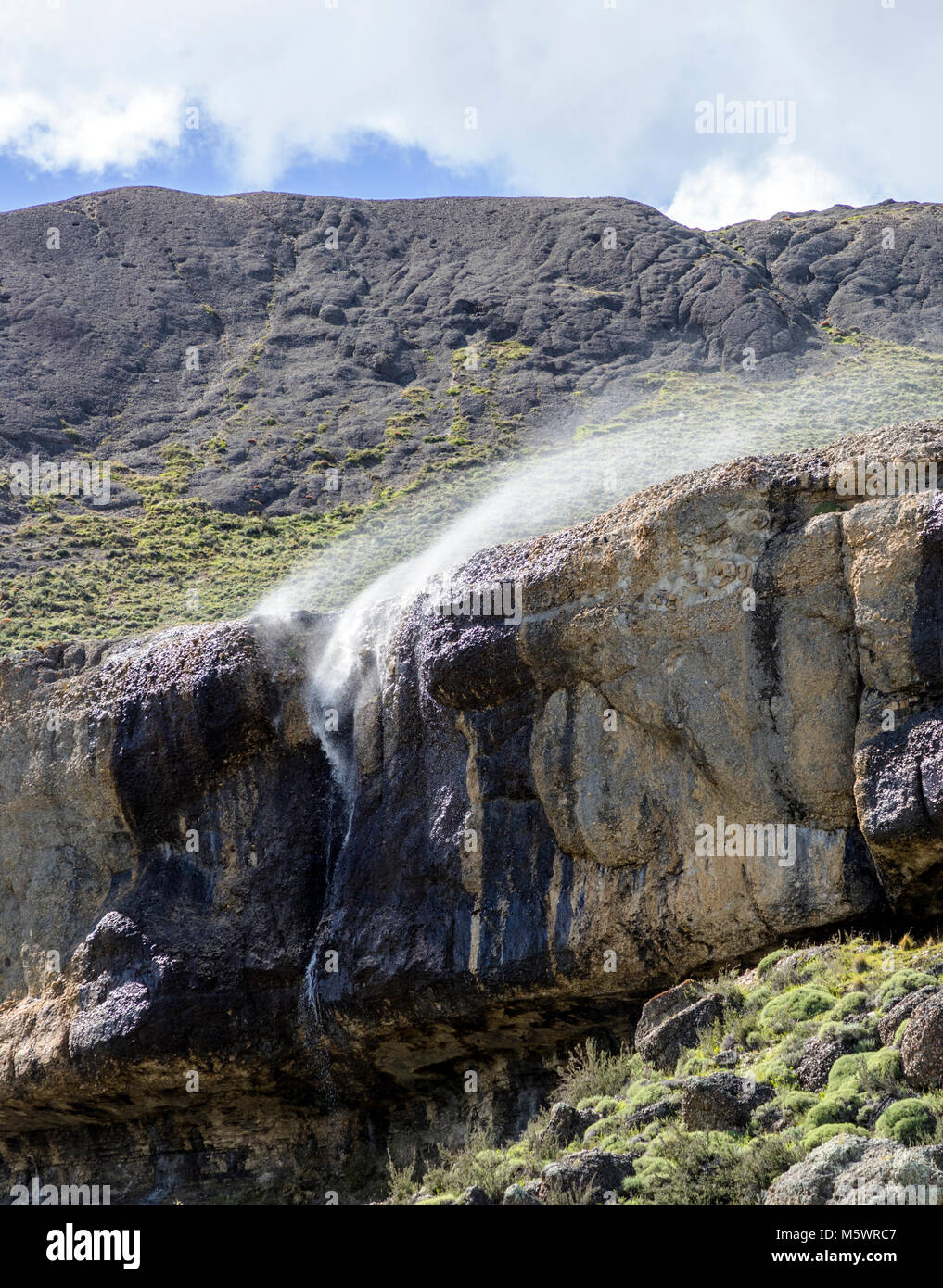 Strong winds blow waterfall uphill; near Torres del Paine National Park ...