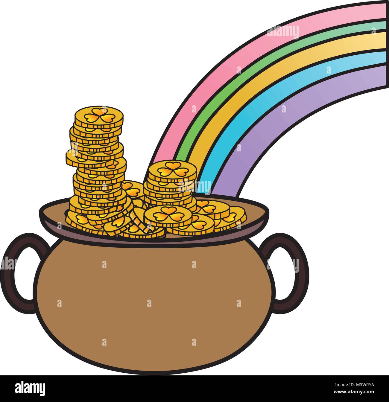 line color gold coins inside pot cauldron and rainbow Stock Vector ...