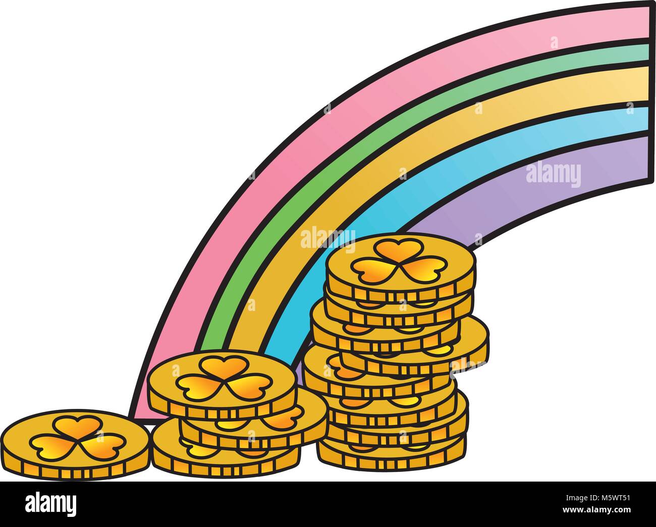 line color rainbow with gold coins and clovers sign Stock Vector Image ...