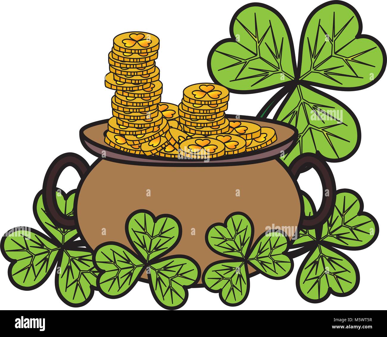 line color gold coins inside cauldron and clovers plant Stock Vector ...