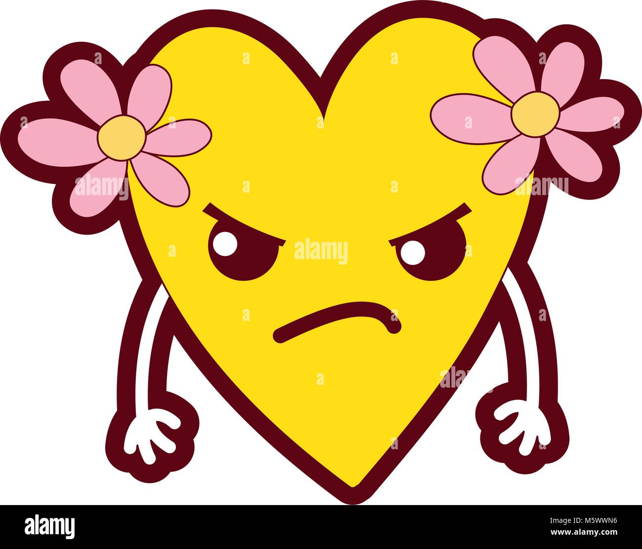 line color angry heart with flowers kawaii cartoon vector illustration ...