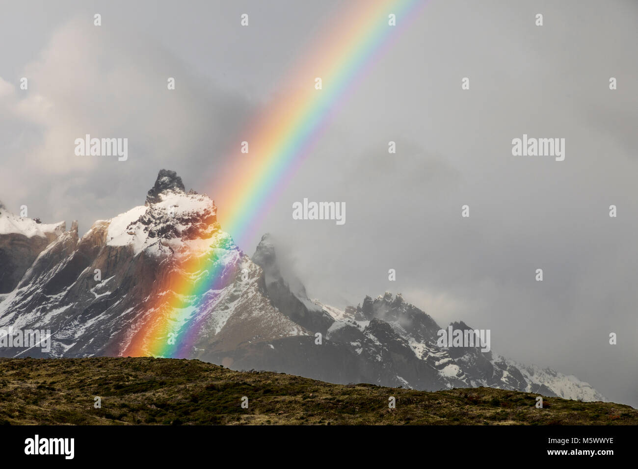 Spectacular rainbow over Cuernos del Paine; 2,000m; near Refugio Grey ...