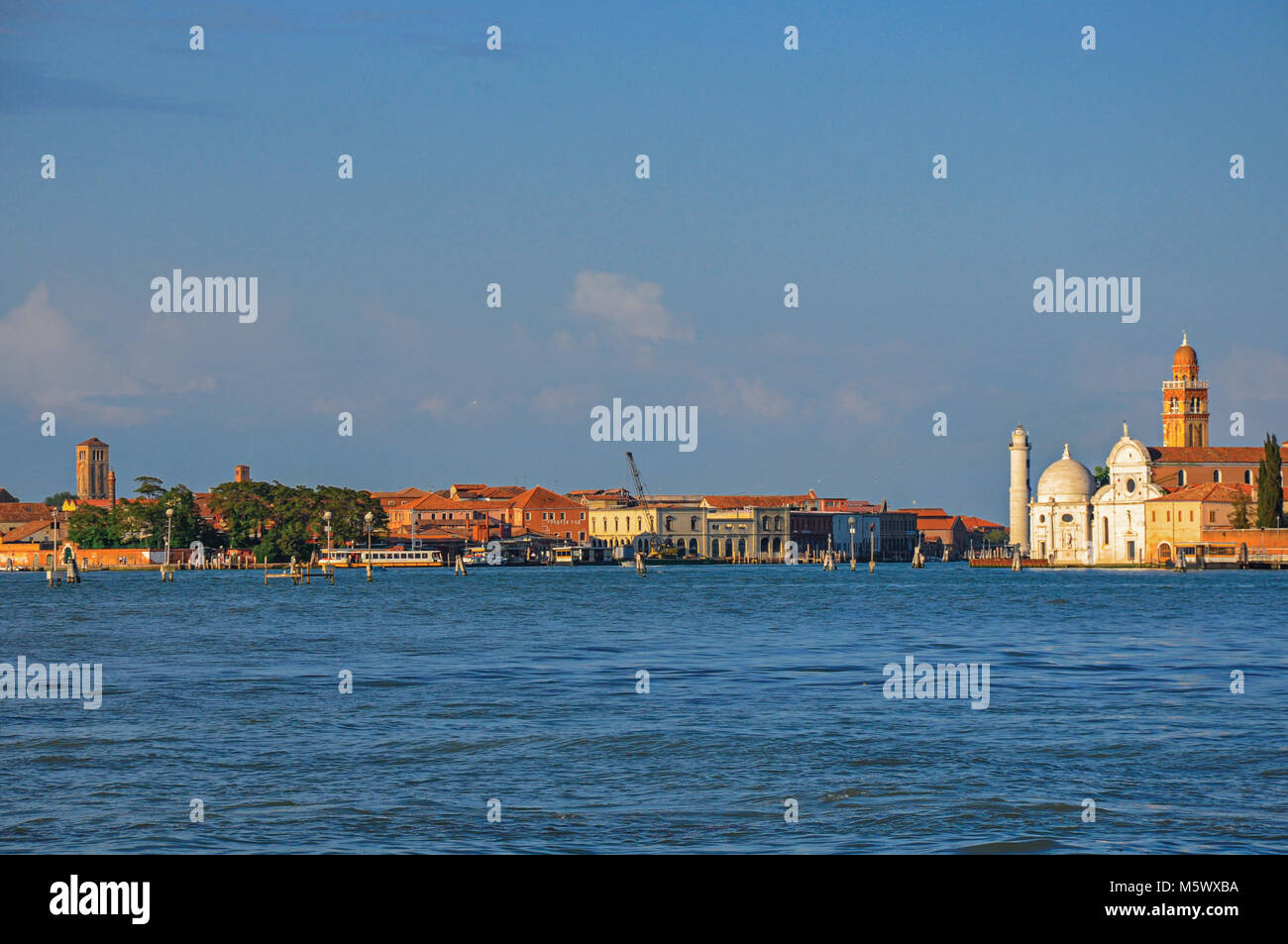 Panoramic view of Venice lagoon with buildings on the horizon, at the ...
