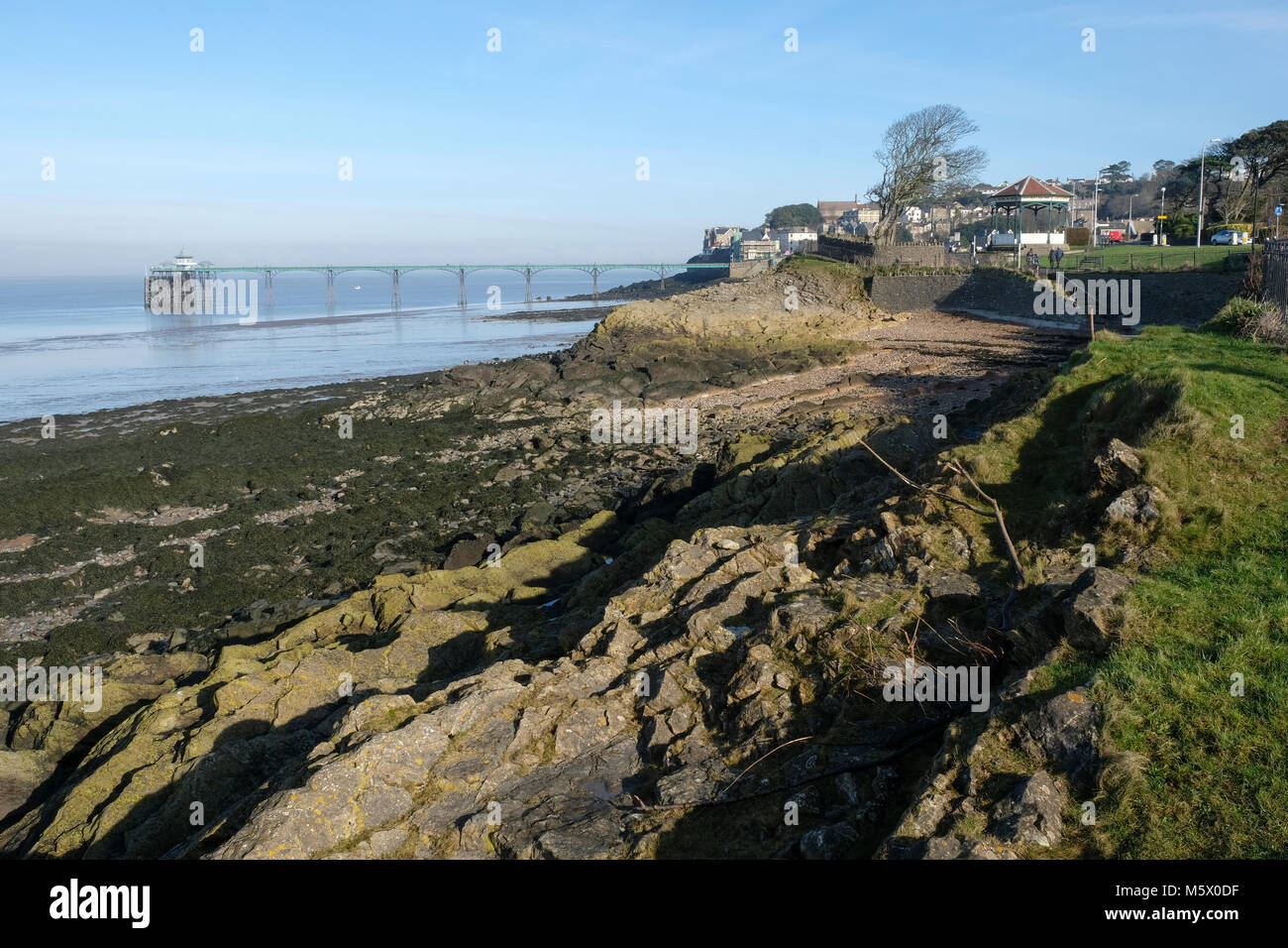 The seashore, promenade and bandstand at Clevedon on Somerset,England ...